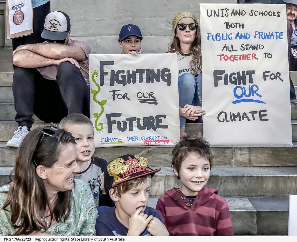 Climate protesters with signs at the Adelaide School Strike 4 Climate ...